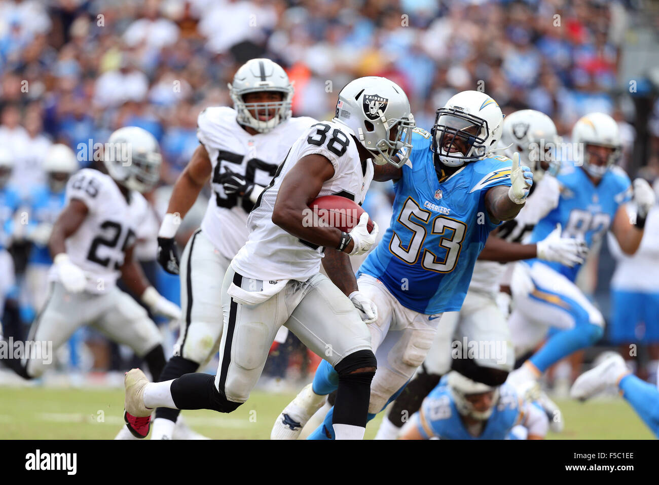 October 25, 2015 Oakland Raiders corner back TJ Carrie #38 carries the ...