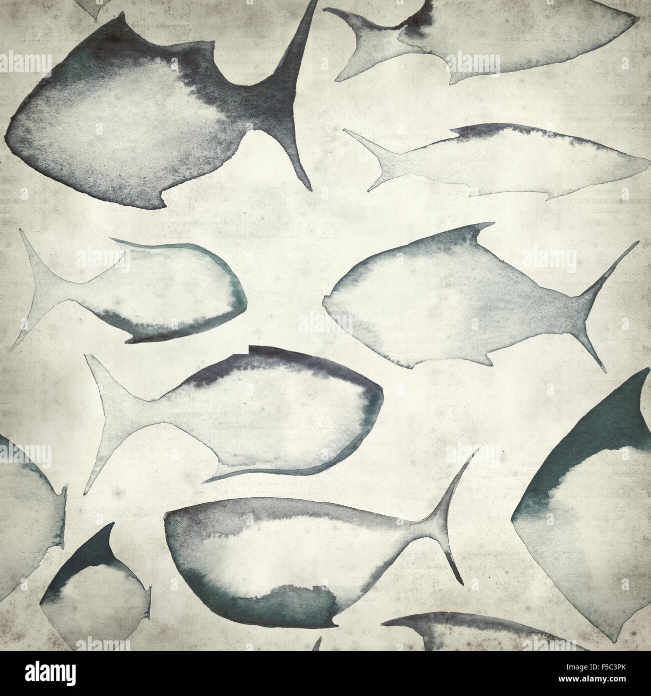 textured old paper background with watercolor fish outlines Stock Photo ...