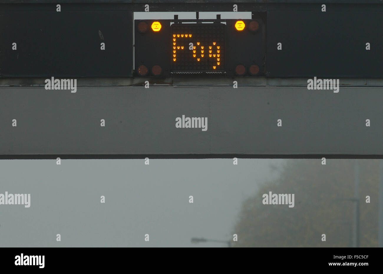An illuminated motorway matrix sign which reads 'FOG' on the A12, East ...