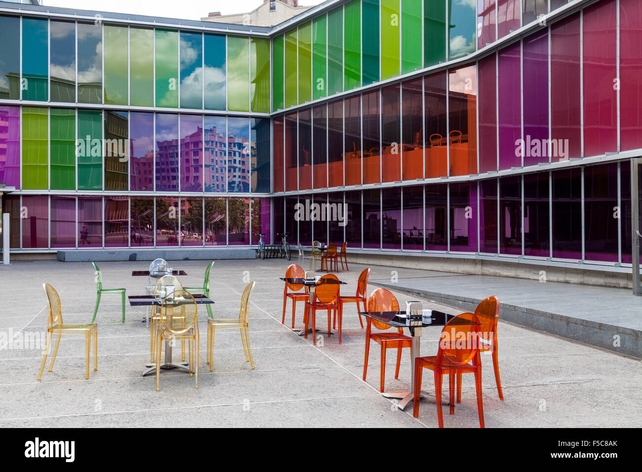 the colorful and reflective Museum of Modern Art, the windows reflect ...