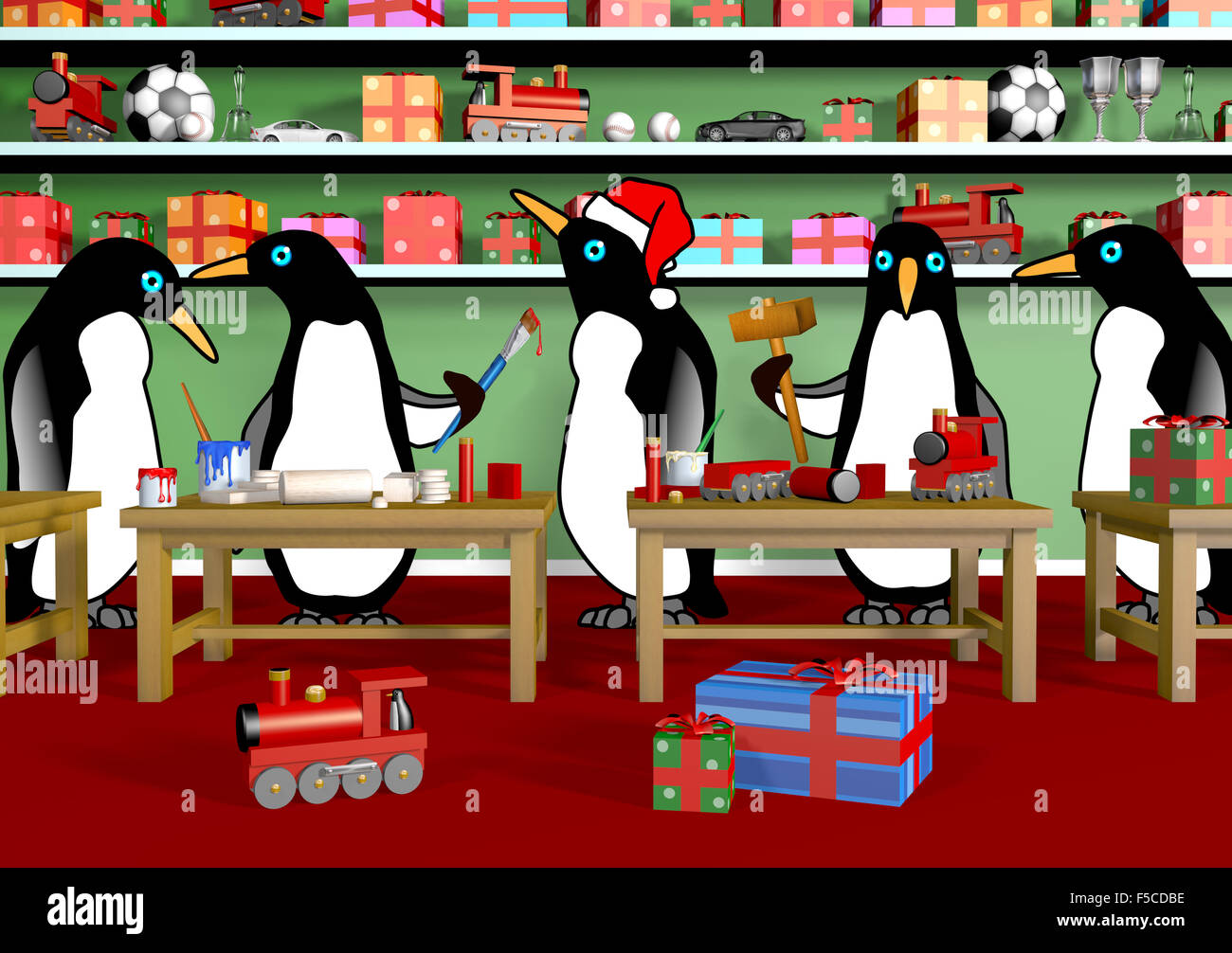 Penguins making toys for Christmas in Santa's Workshop Stock Photo - Alamy