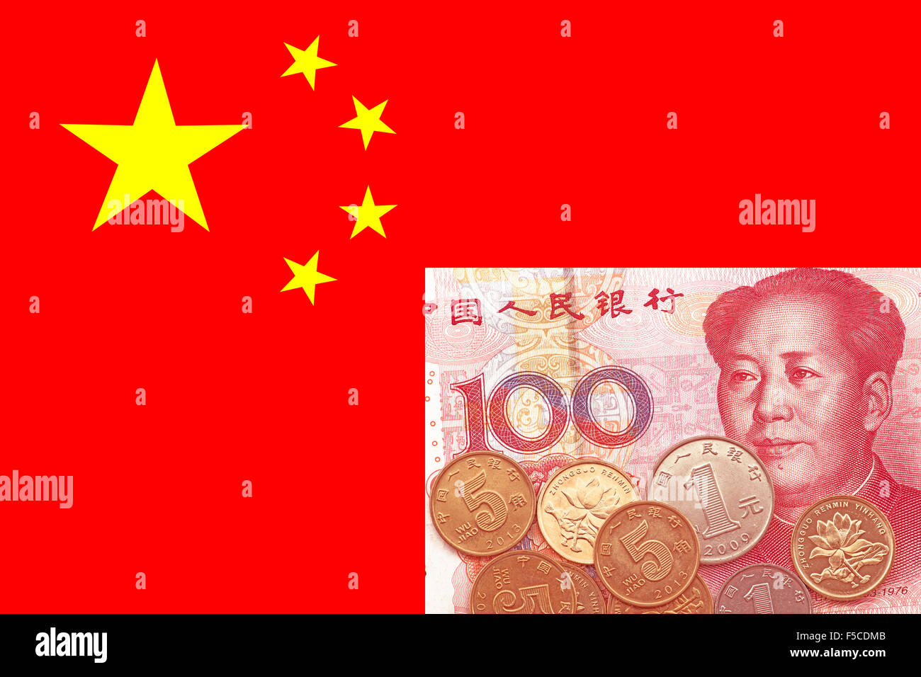 Chinese money on the background of Chinese national flag Stock Photo ...