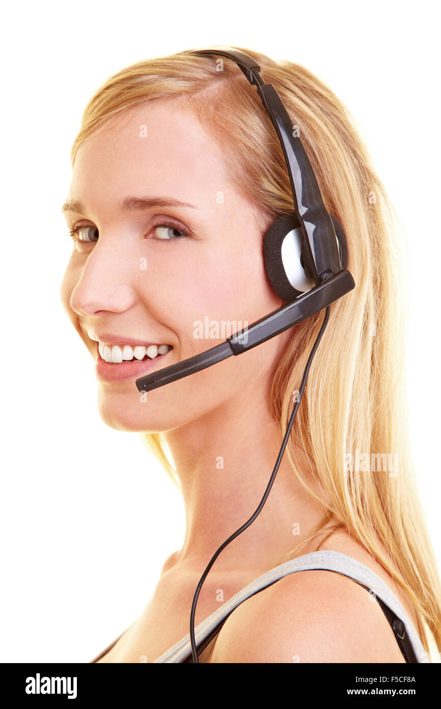 Happy young woman with headset on her head Stock Photo - Alamy