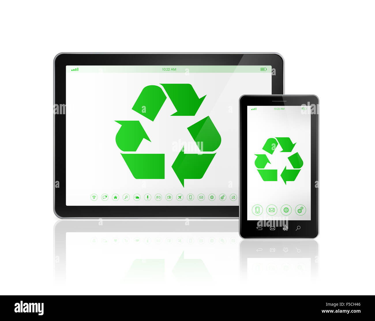 3D Digital tablet PC with a recycle symbol on screen. environmental ...