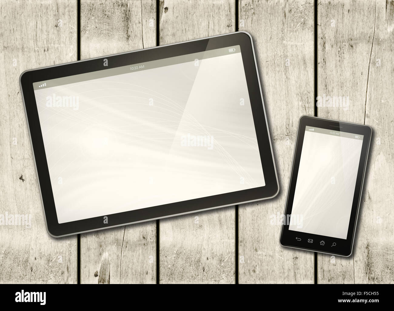 Smartphone and digital tablet PC on a white wood table - horizontal ...