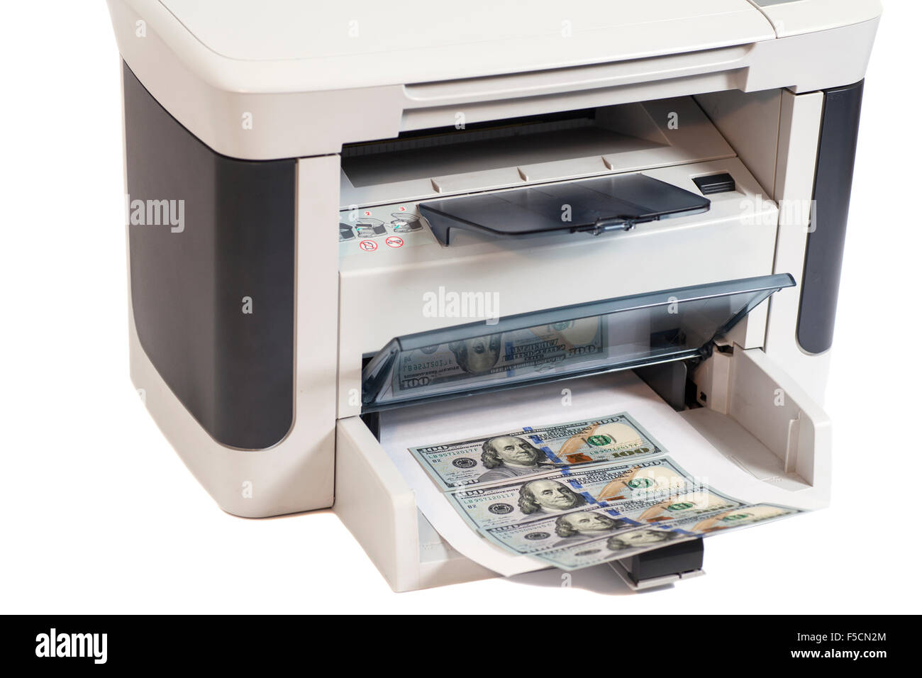 Printer printing fake dollar bills isolated on white background Stock ...