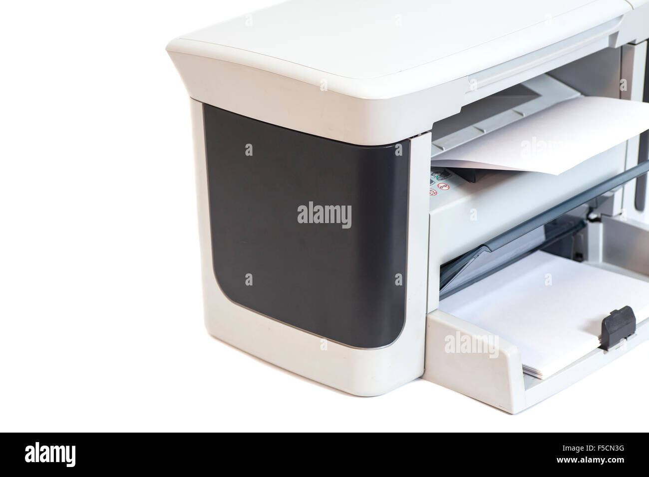 Printer and paper isolated on white background Stock Photo - Alamy