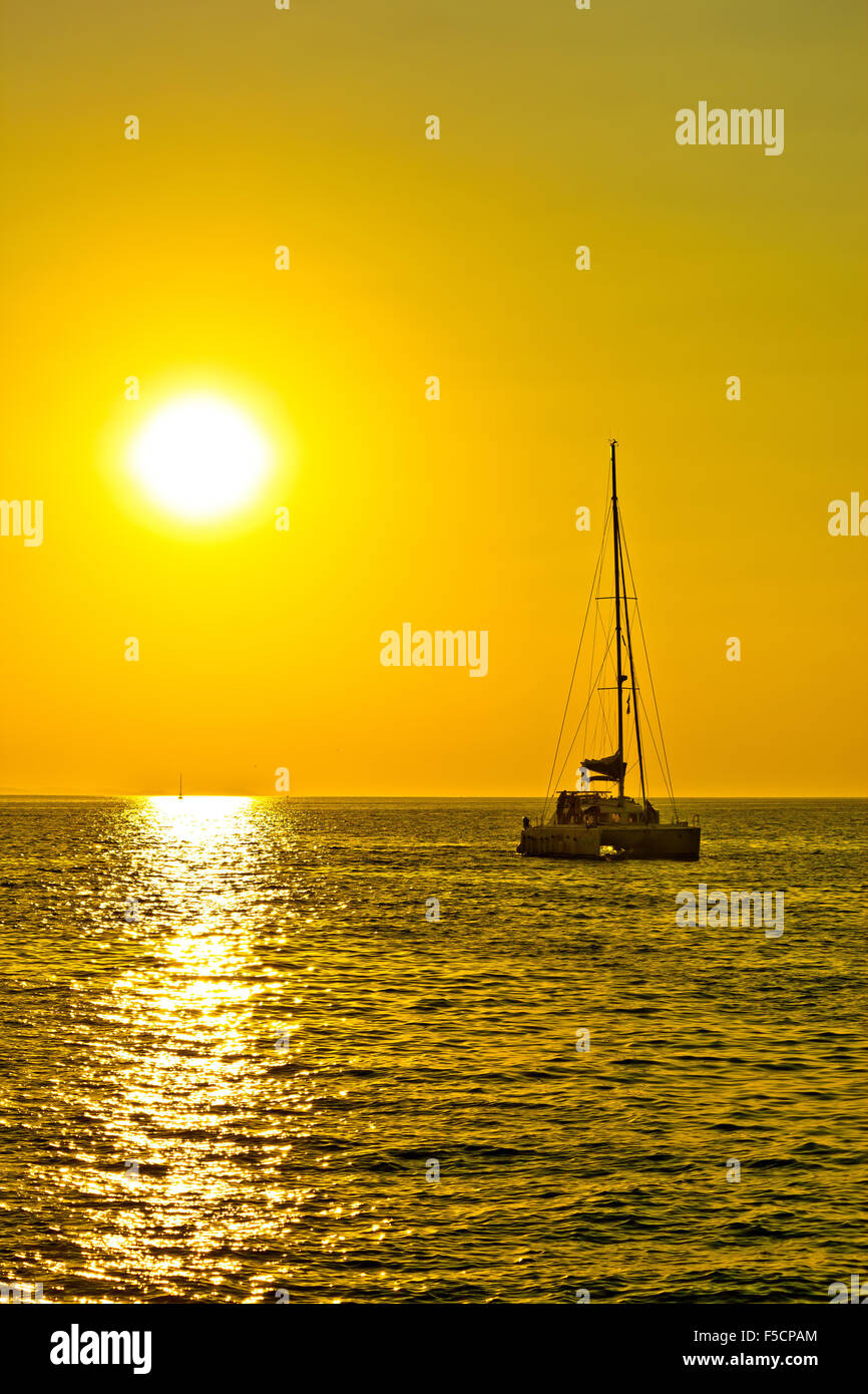 Catamaran sailboat at golden sunset on open sea vertical view Stock ...