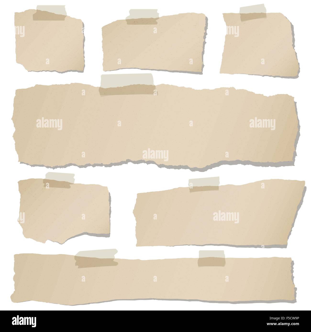 Set of various brown torn note papers with adhesive tape on white ...