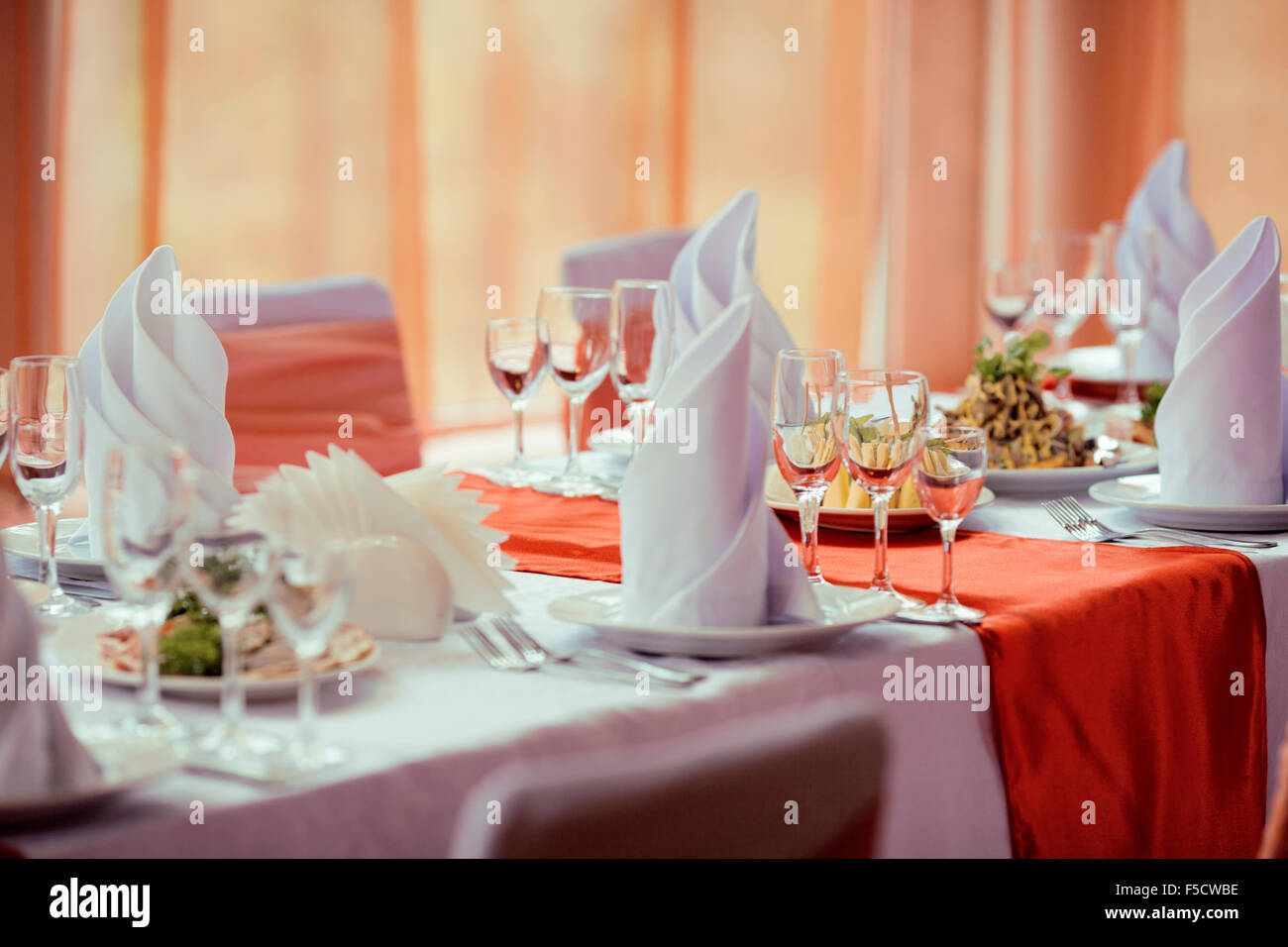 served tables on wedding dinner in restaurant, food glasses empty Stock ...