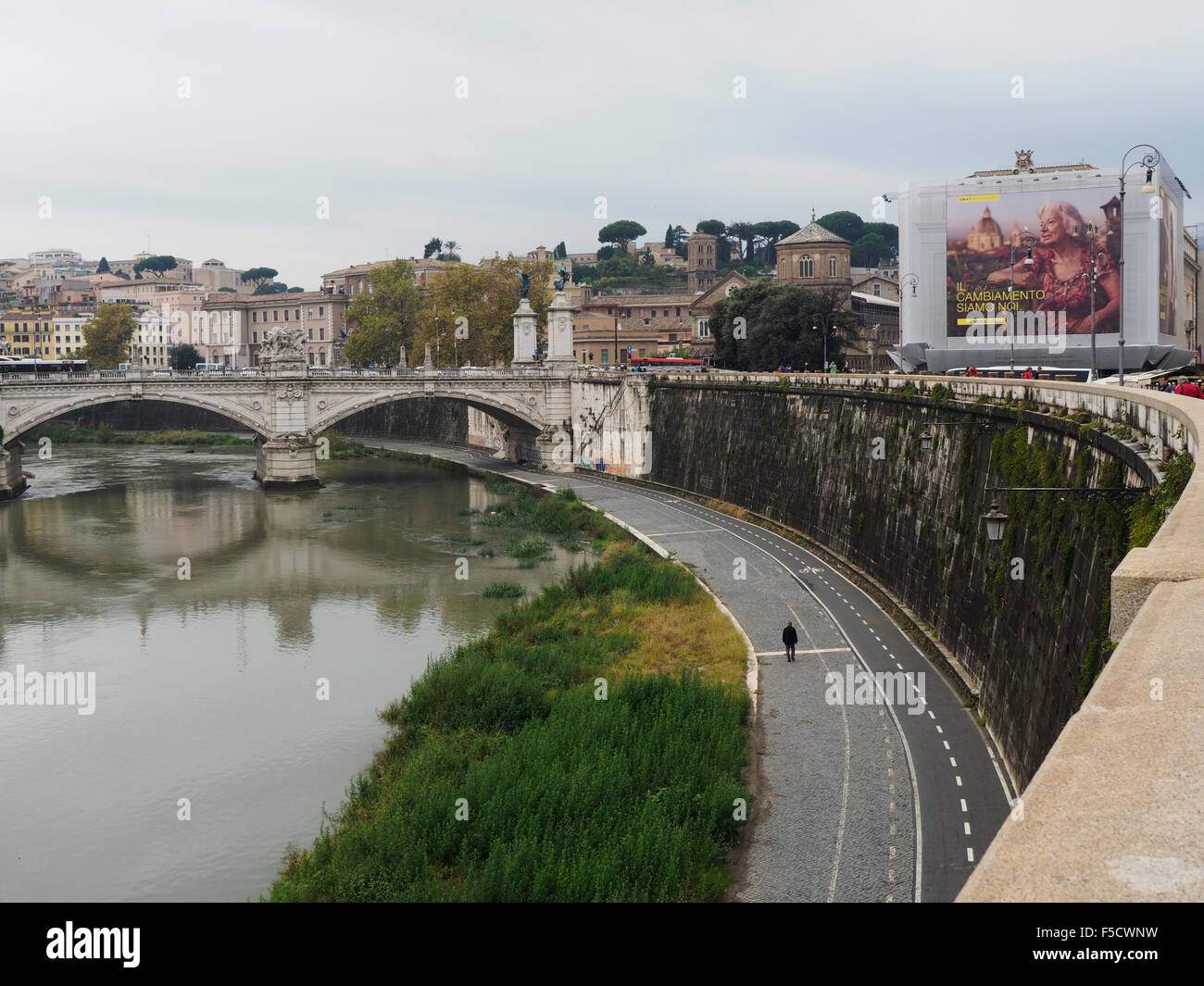 The Tiber river in Rome, Italy, with new bicycling paths along the ...