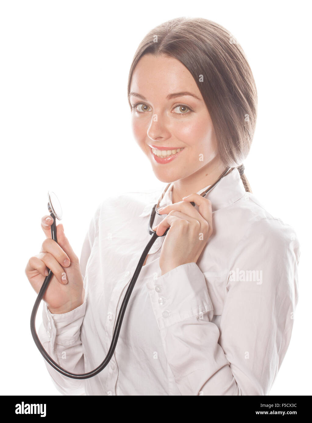 young pretty woman doctor with stethoscope on white background Stock ...
