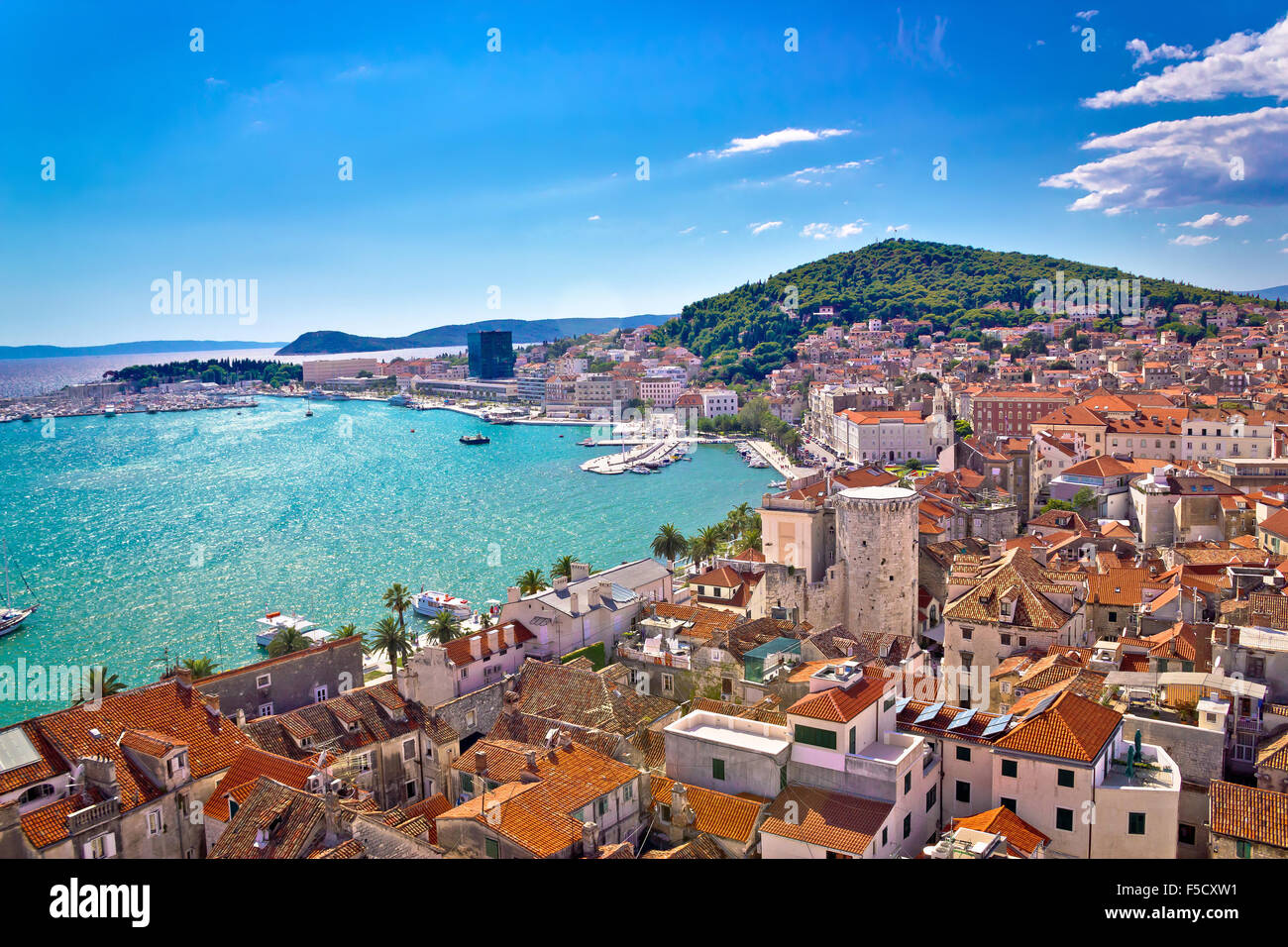 Split waterfront and Marjan hill aerial view, Dalmatia, Croatia Stock ...