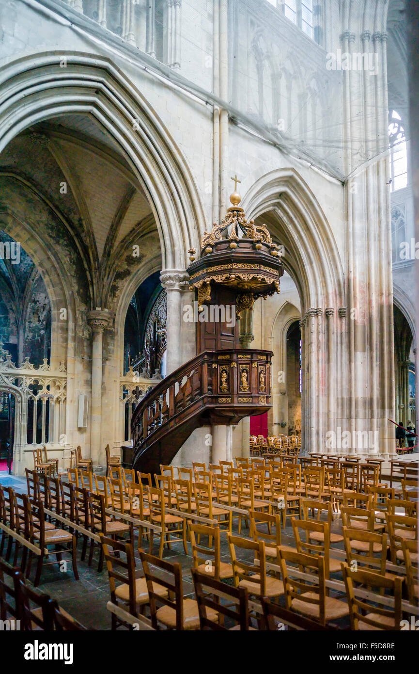 The raised wooden pulpit in the church of Saint-Jacques in Dieppe ...