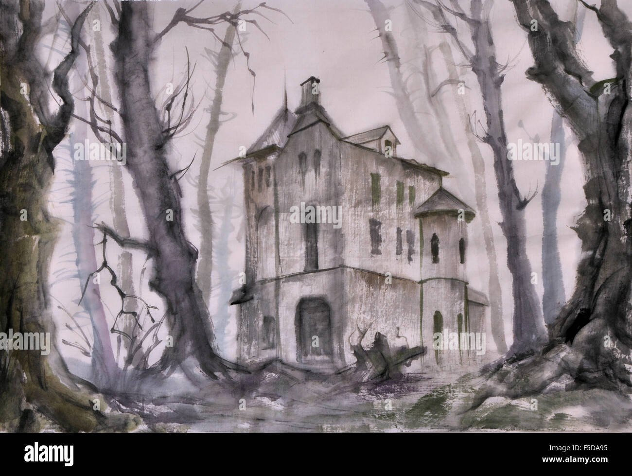 Haunted castle in the autumn bare tree forest, original watercolor ...