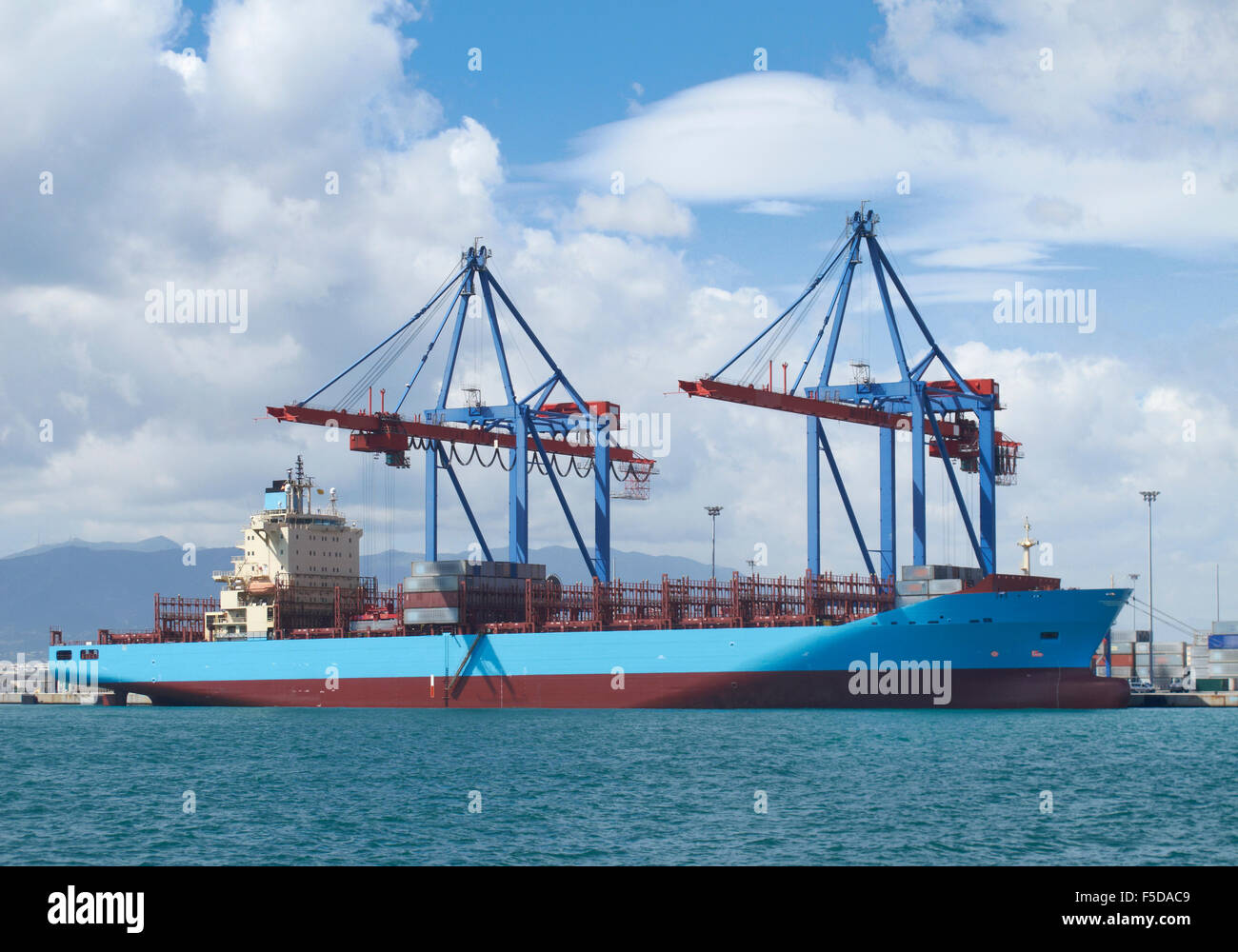 Cargo Container terminal with gantry cranes at Malaga sea port in the ...