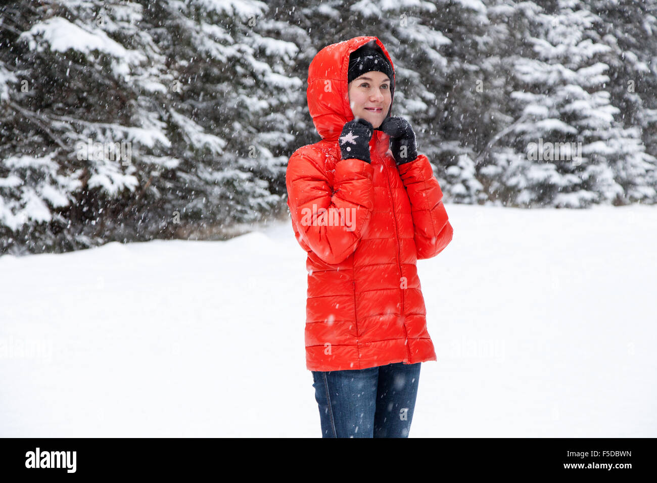 Pretty young woman playing snowballs Stock Photo - Alamy