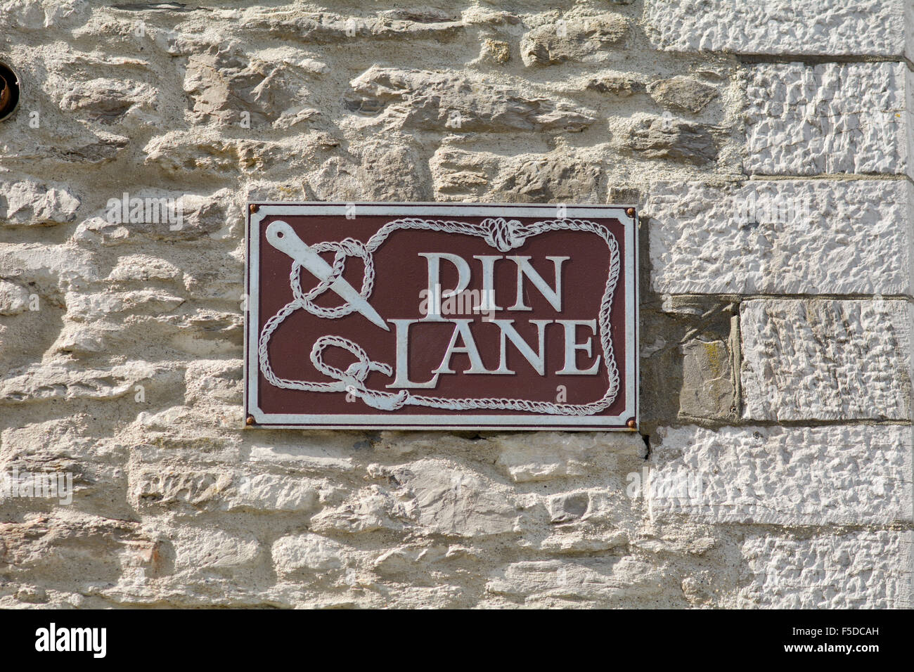 Pin Lane street sign with rope and rope makers tool on wall in Plymouth ...