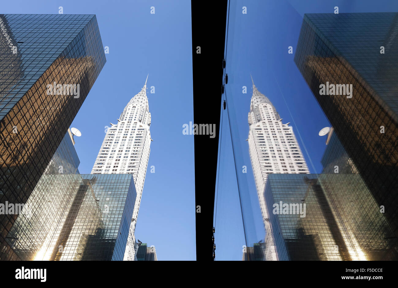 Manhattan skyscrapers reflected in windows at sunset, NYC, USA Stock ...