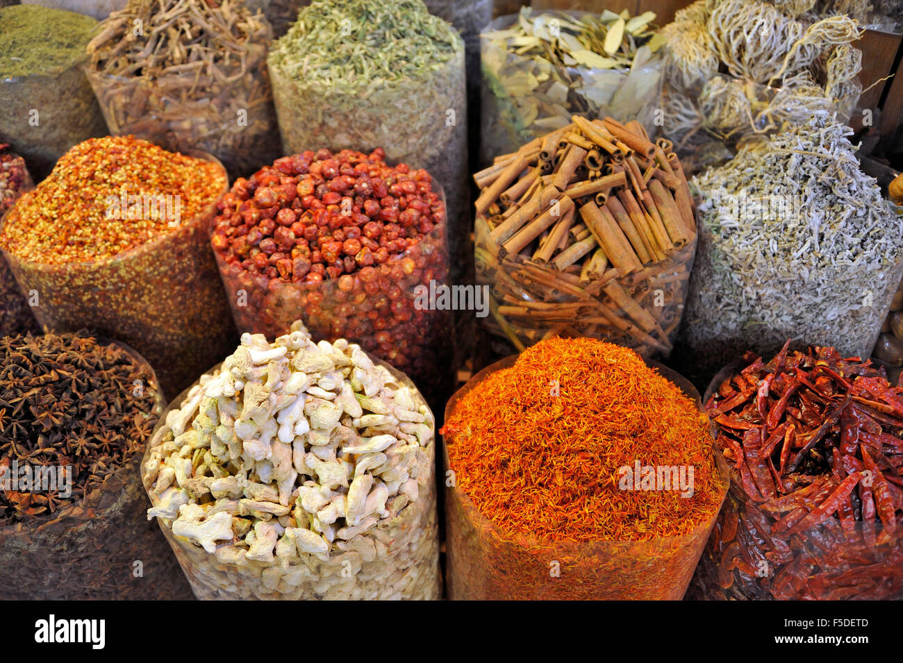 Spices in the spice souk in Dubai. Selective focus at the first row ...
