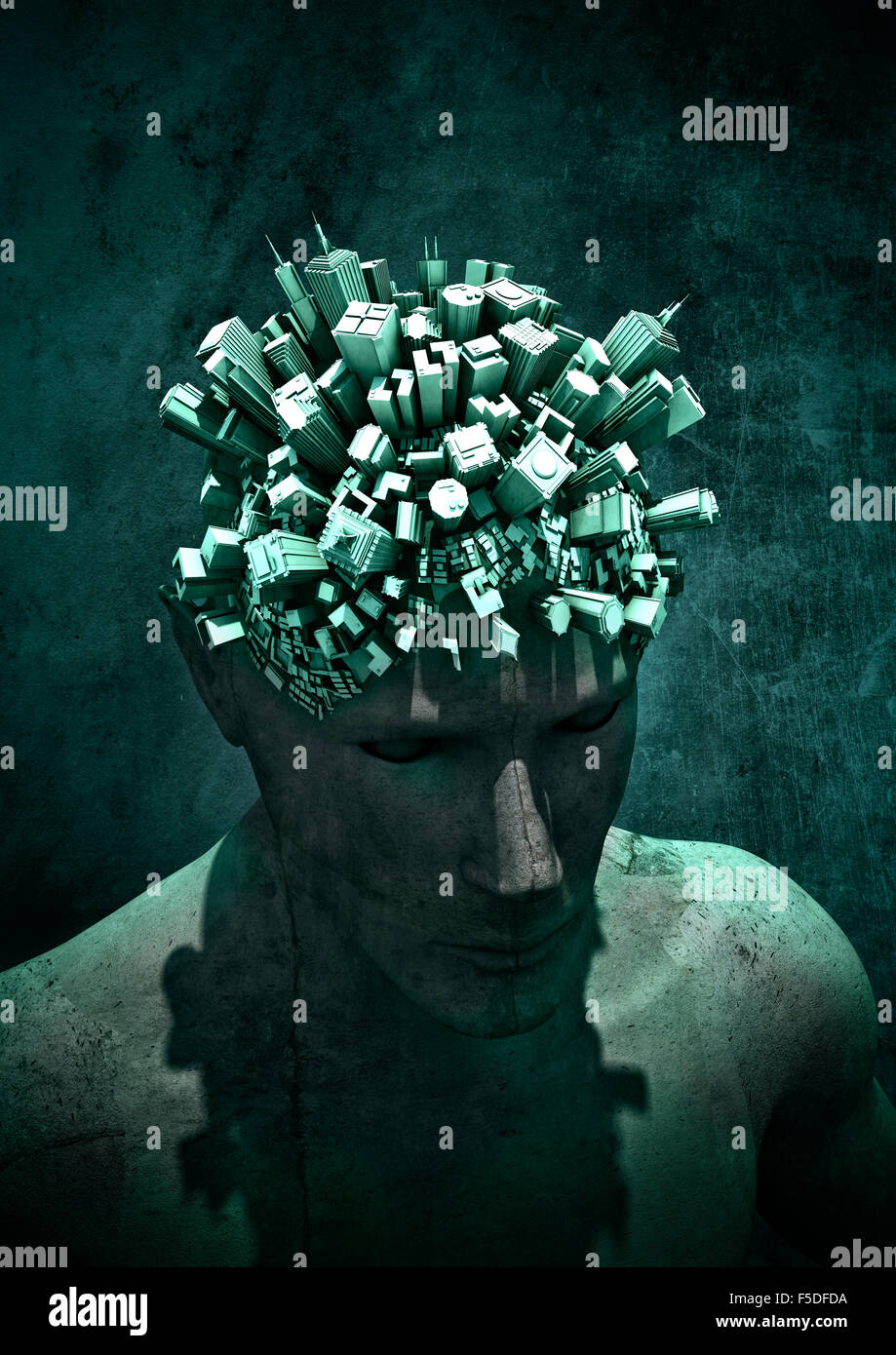 Urban mind / 3D render of modern city growing from head of statue Stock ...