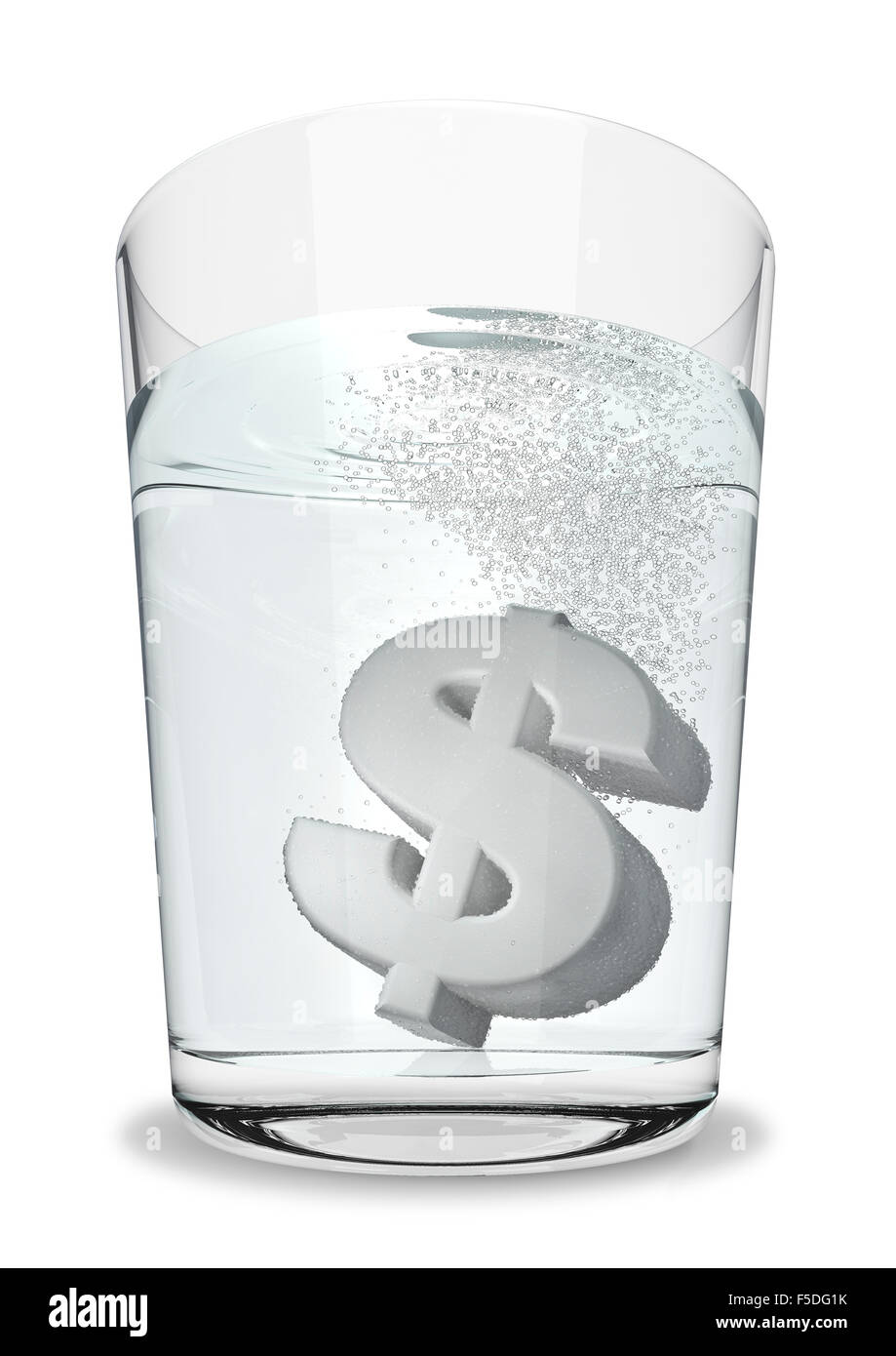 Dollar seltzer / 3D render of dollar symbol fizzing in glass of water ...