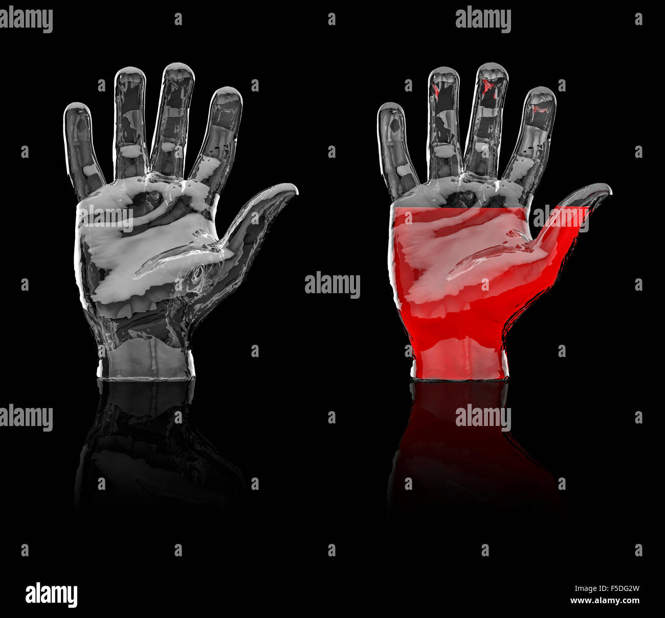 Glass hand / 3D render of glass hand empty and half filled with red ...
