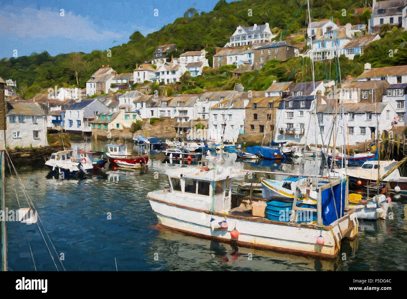 Polperro harbour Cornwall England UK with boats blue sky and sea ...