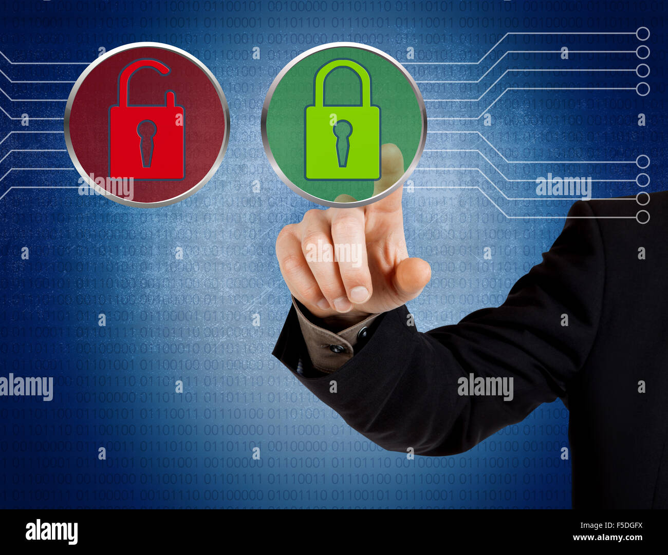 Hand pushing virtual security button Stock Photo - Alamy