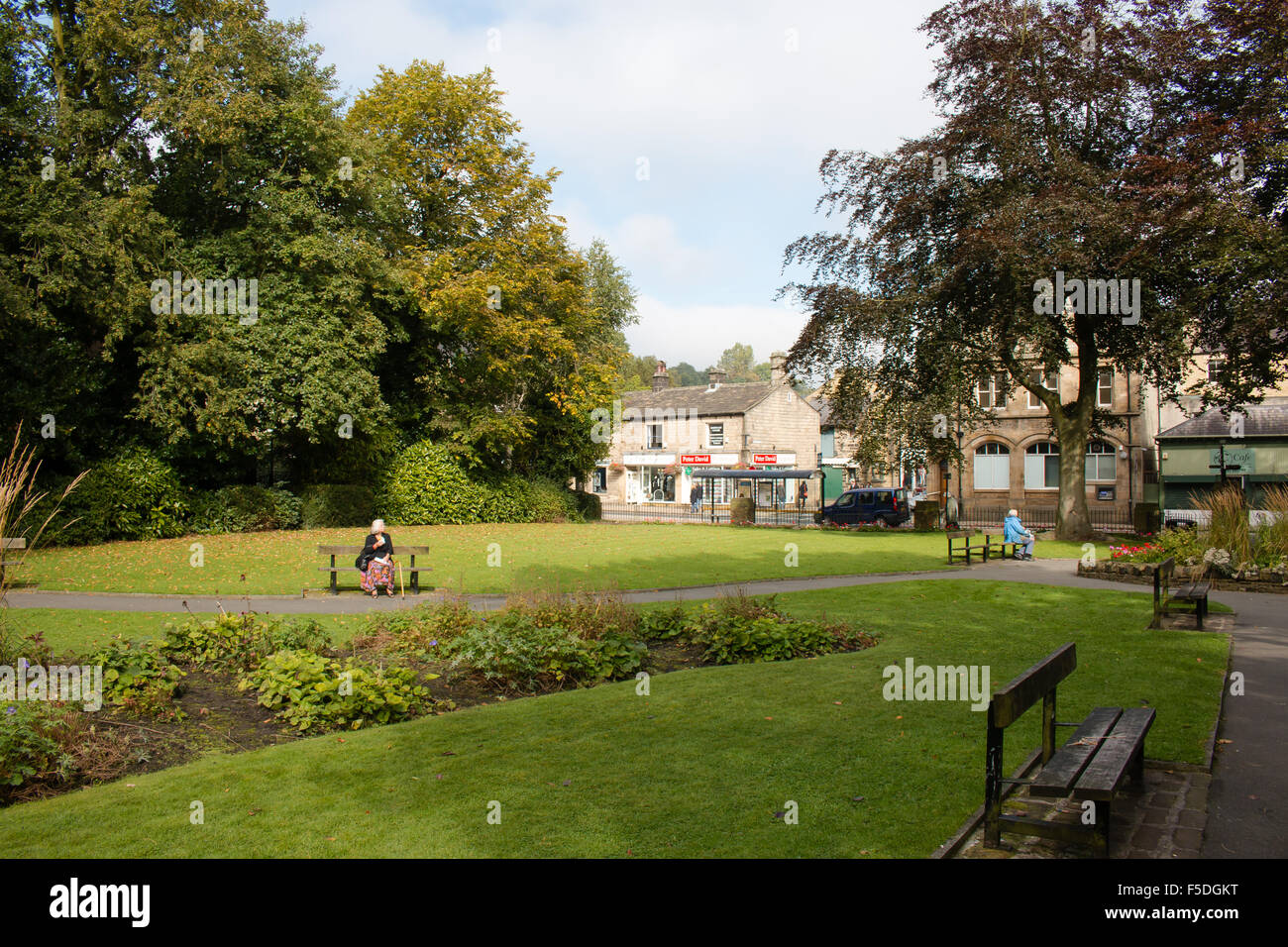 Townscape of Hebden Bridge town centre park during a sunny day. Hebden ...