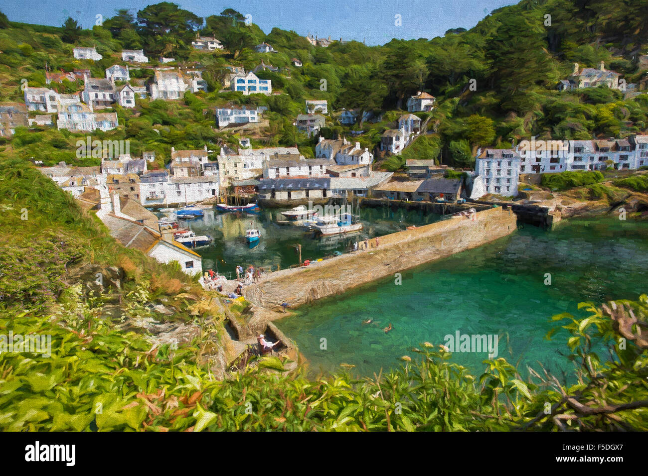 Beautiful English harbour Polperro Cornwall UK with turquoise sea ...