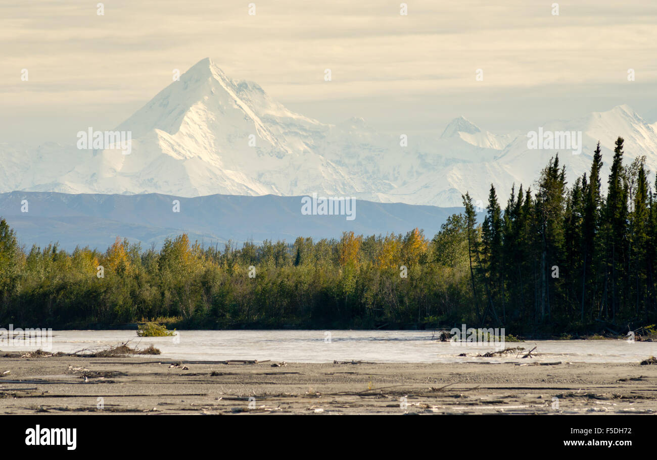 The Delta River curves around beneath the peaks of the Alaska Mountain ...