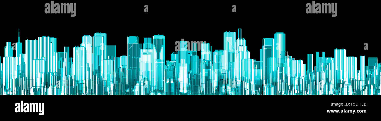 Hologram city panorama / 3D render of glowing holographic view of ...