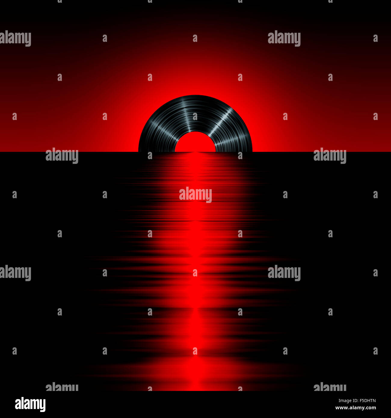 Vinyl sunset red / 3D render of vinyl record as setting sun on horizon ...