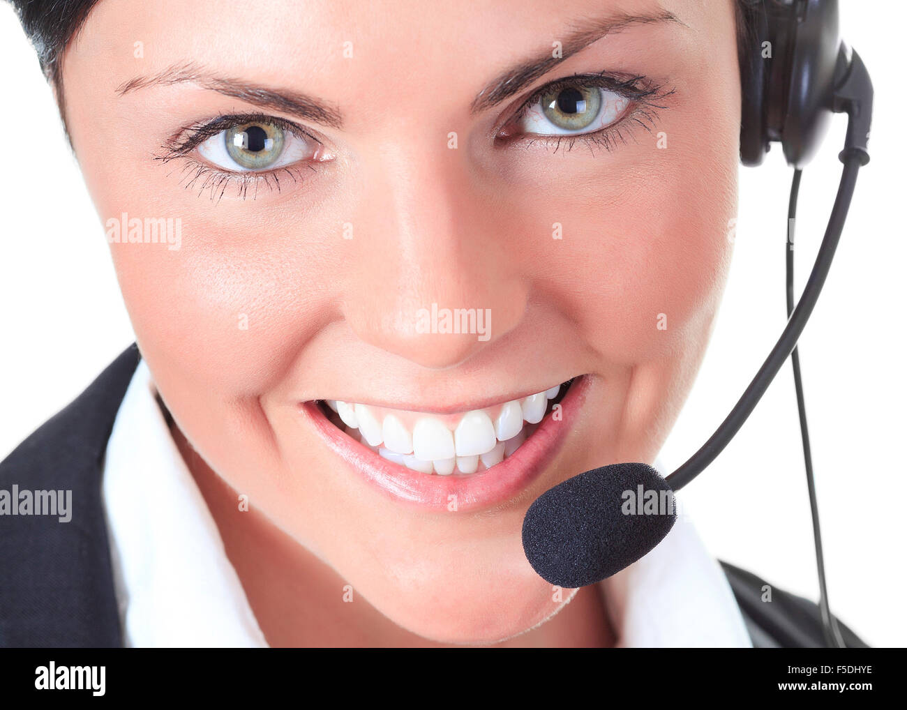 Young nice call operator woman on a white background Stock Photo - Alamy