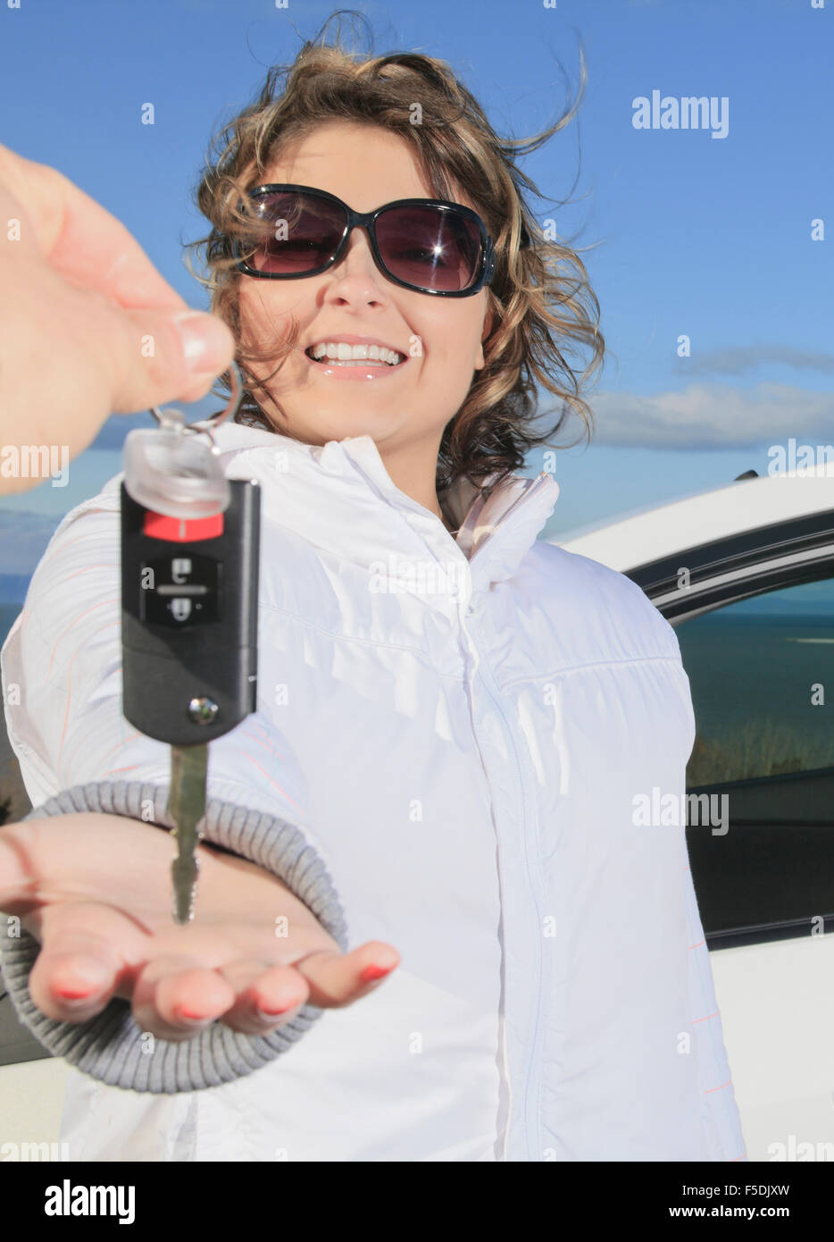 Car. Woman driver happy smiling Stock Photo - Alamy