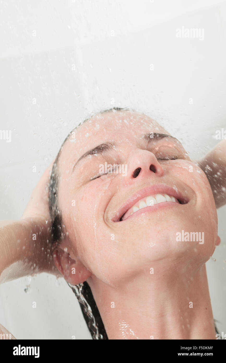 Shower Woman Happy Smiling Woman Washing Shoulder Showering In Stock