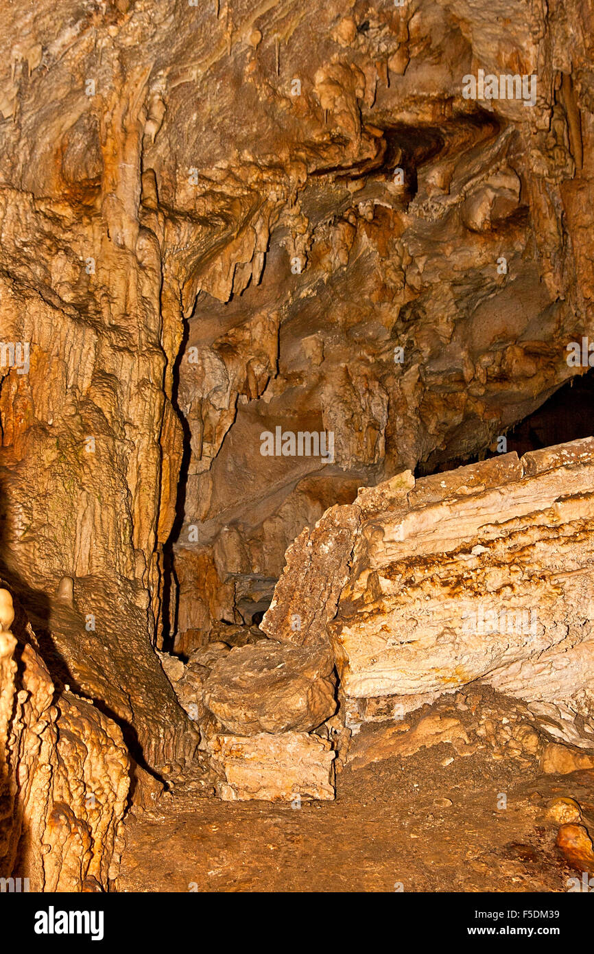 Inside view of an underground cavern or cave with stalagmites and ...