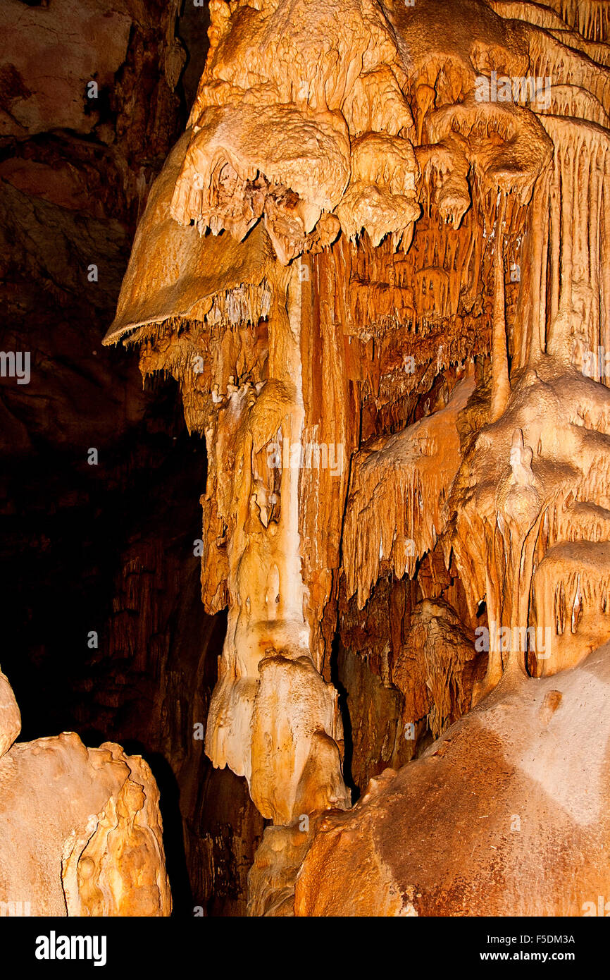 Inside view of an underground cavern or cave with stalagmites and ...