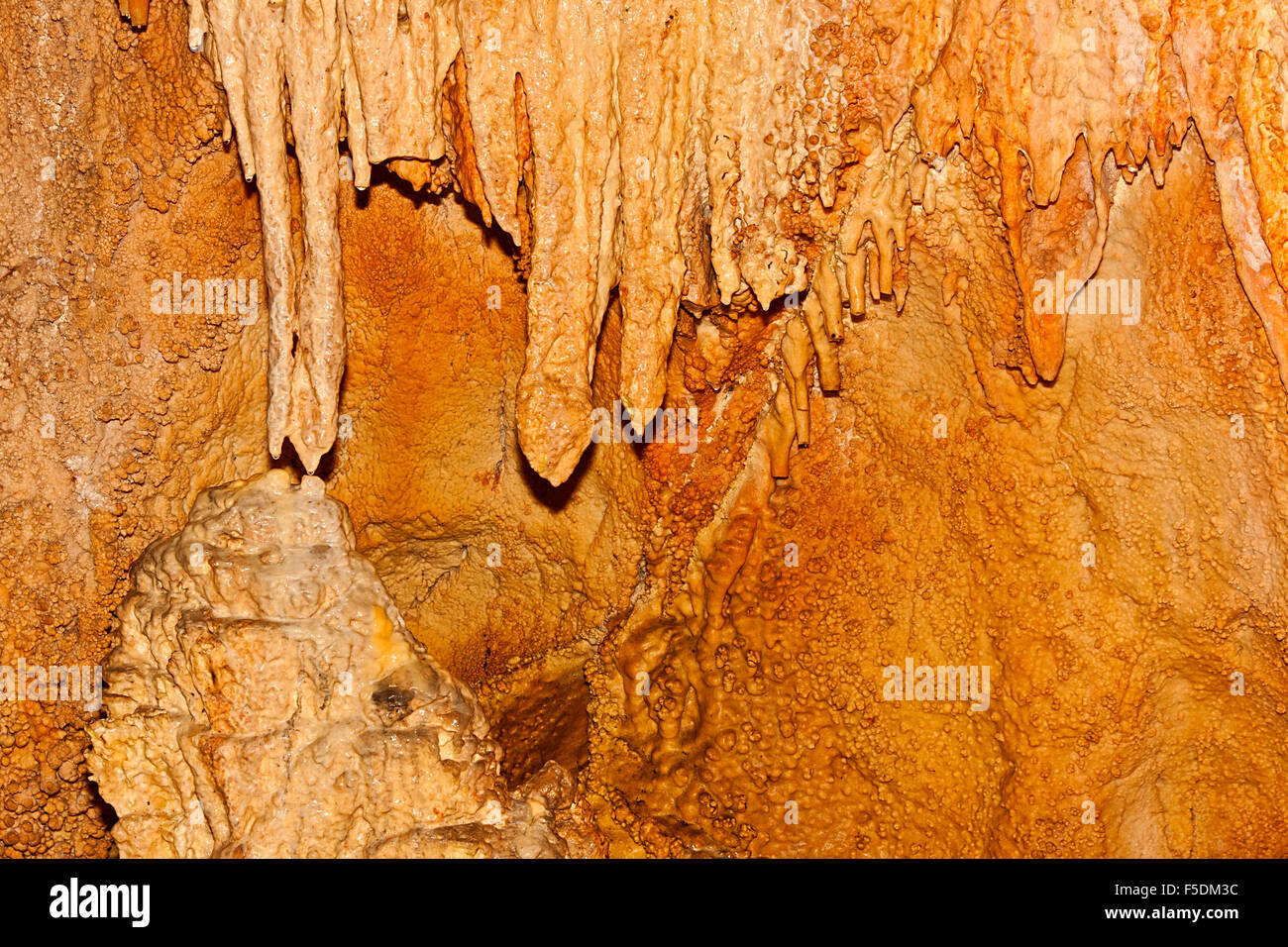 Inside view of an underground cavern or cave with stalagmites and ...