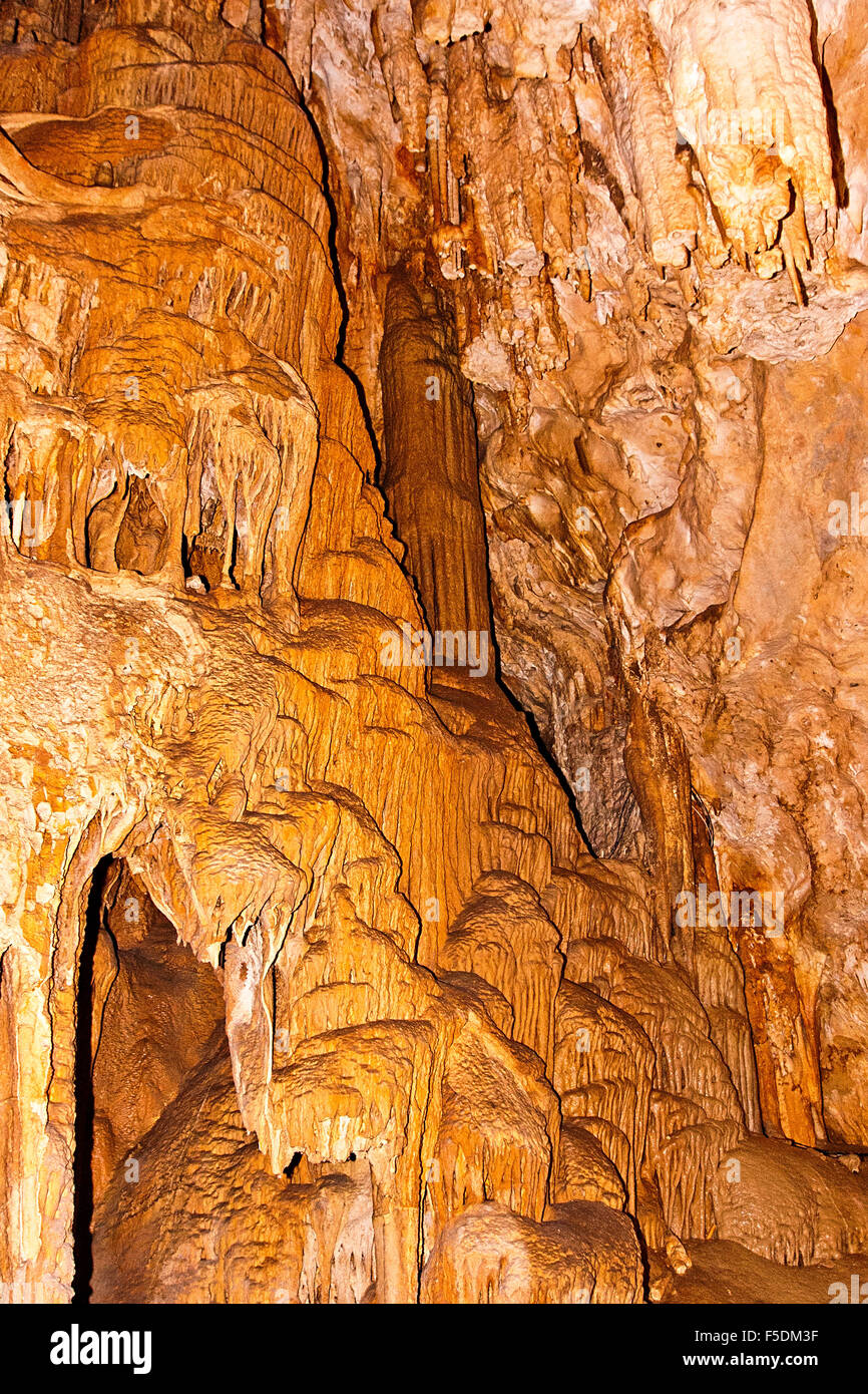 Inside view of an underground cavern or cave with stalagmites and ...