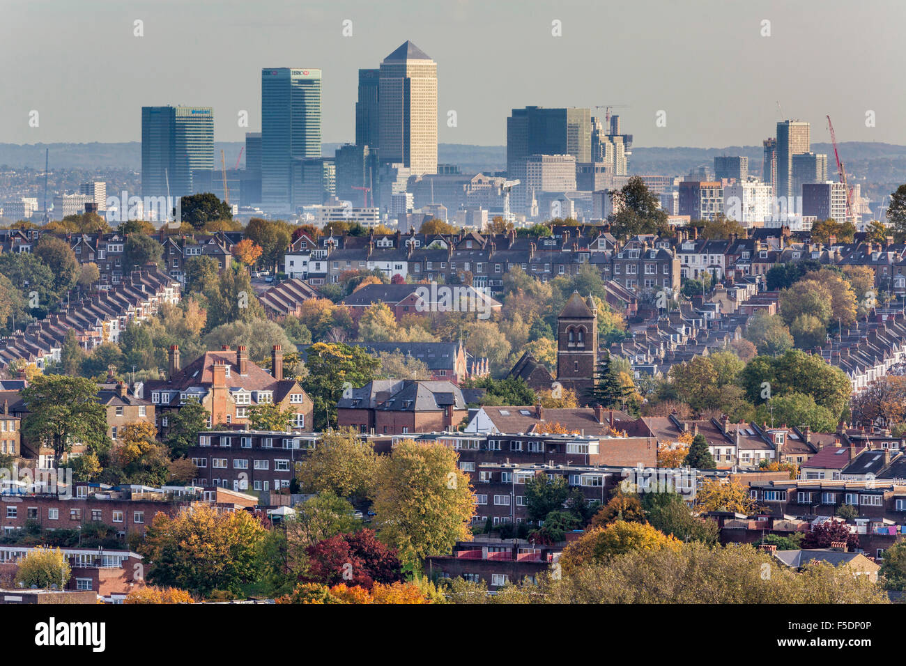 London Docklands skyline seen over the North London districts of ...