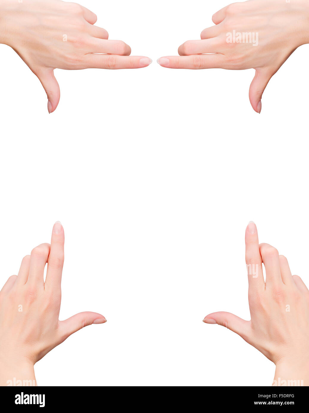 Woman`s hands gesturing the rectangular frame isolated on white ...