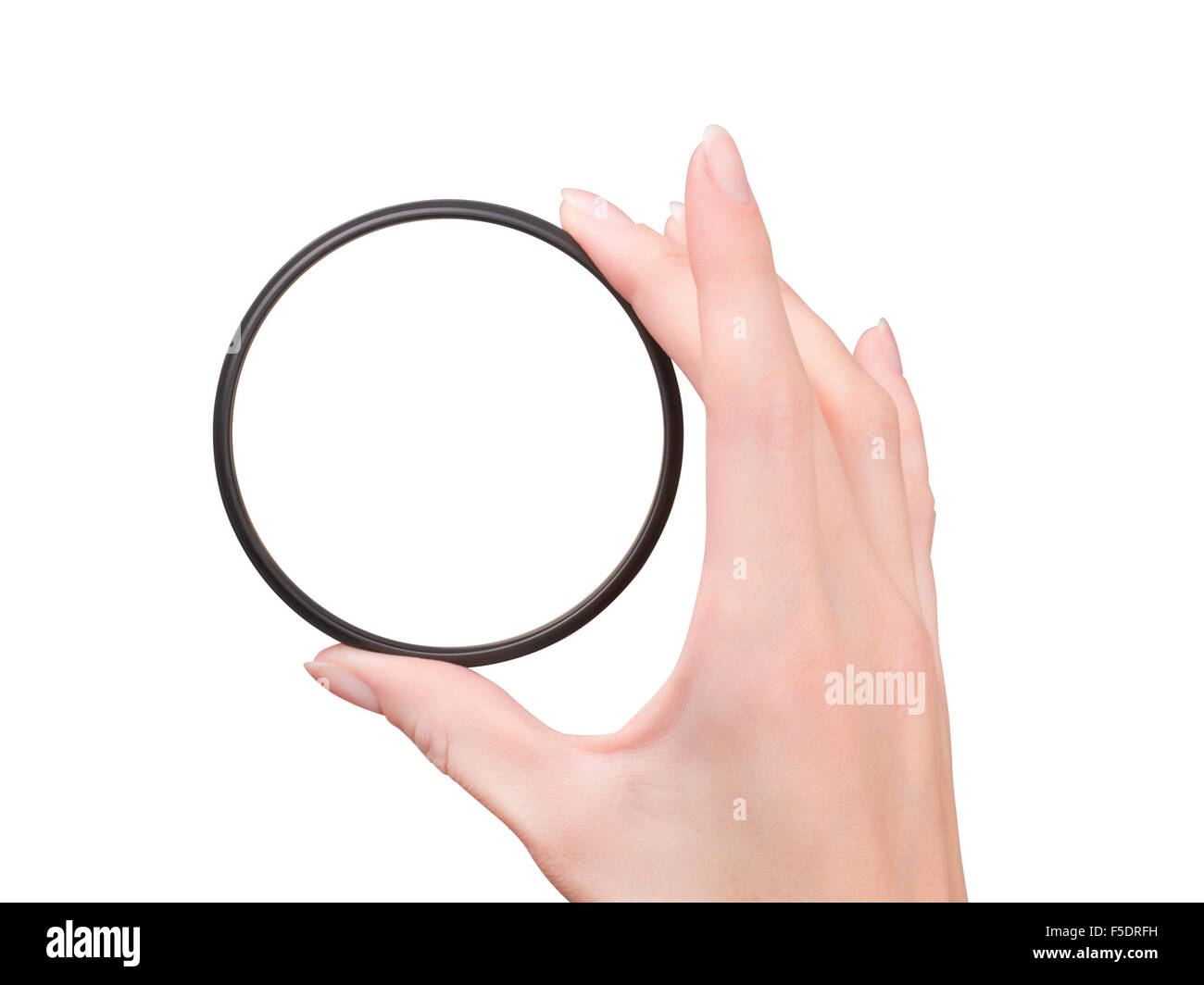 Beautiful female hand holding camera filter isolated on white with ...