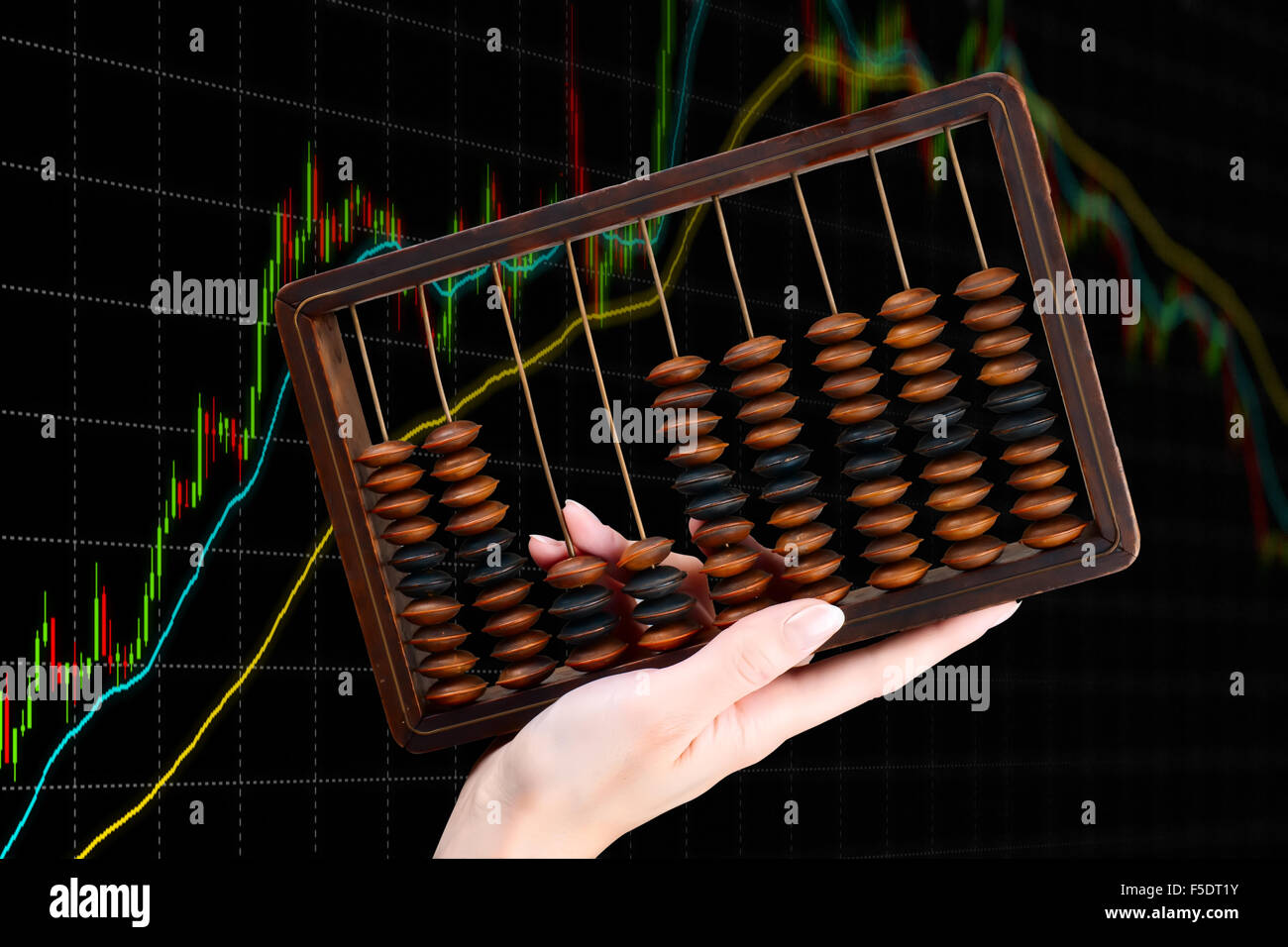 Hand holding ancient abacus on stock graph background. Concept of ...