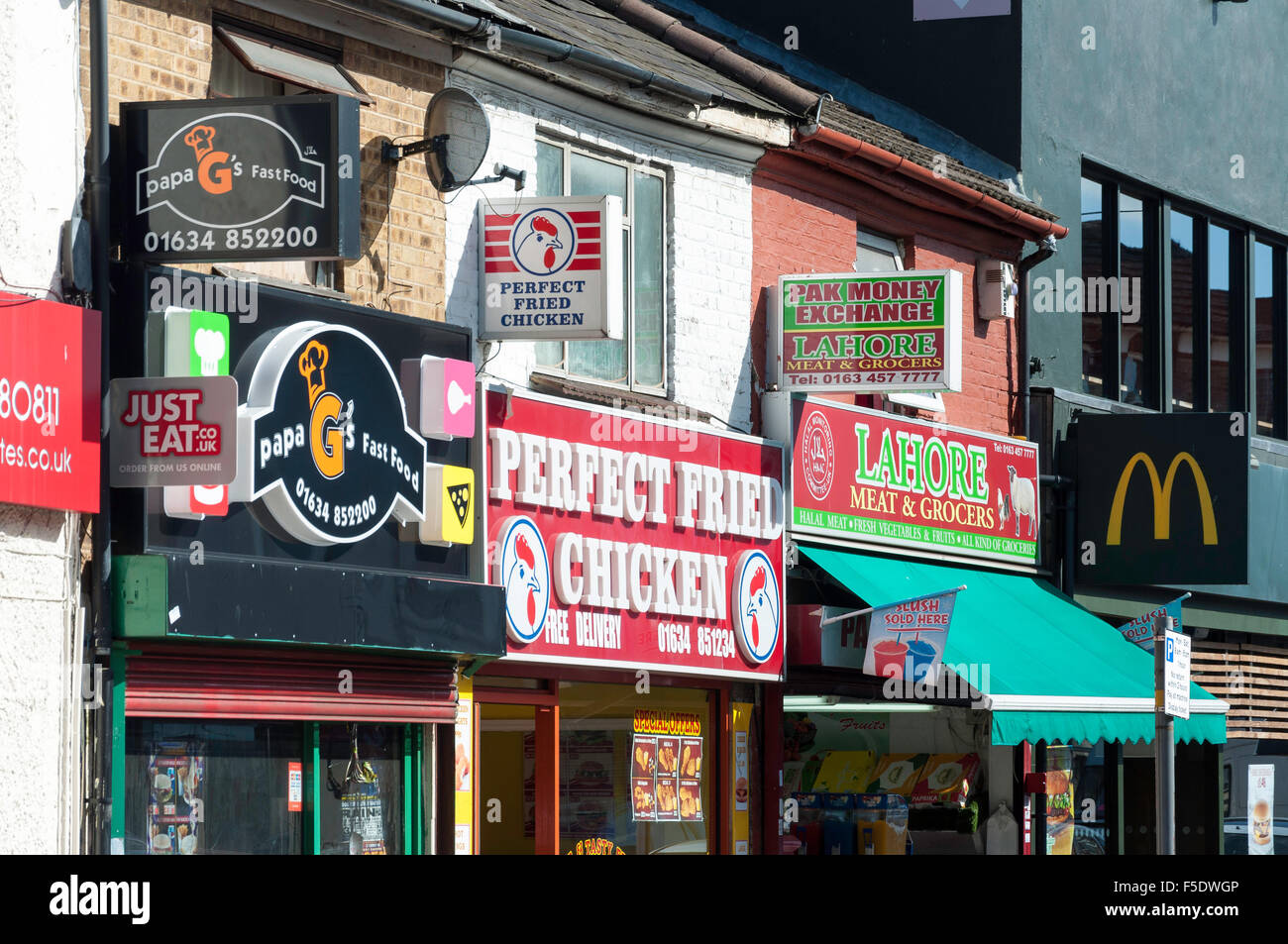 Fast food signs, Gillingham High Street, Gillingham, Kent, England ...