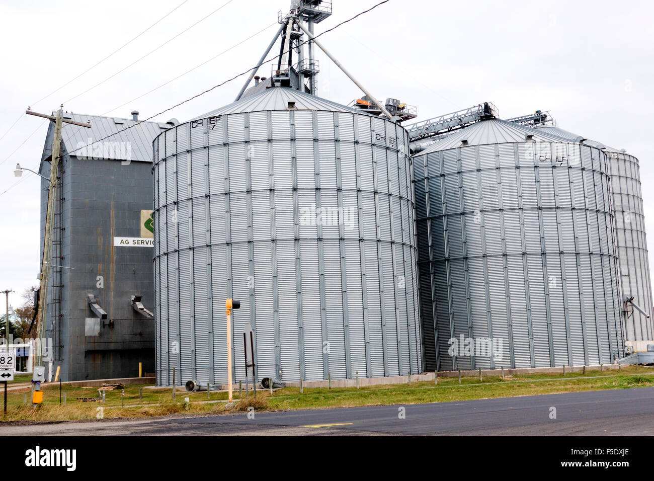 Large new metallic grain storage silo bins. Brandon Minnesota MN USA ...