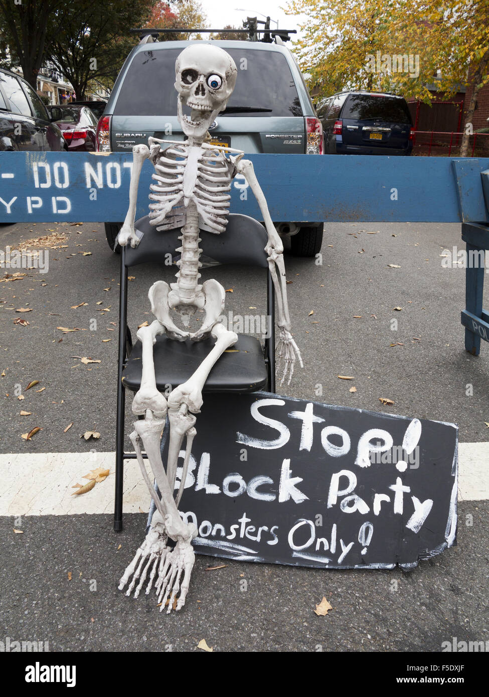 Seated skeleton welcomes trick-or-treaters to block party in Kensington ...