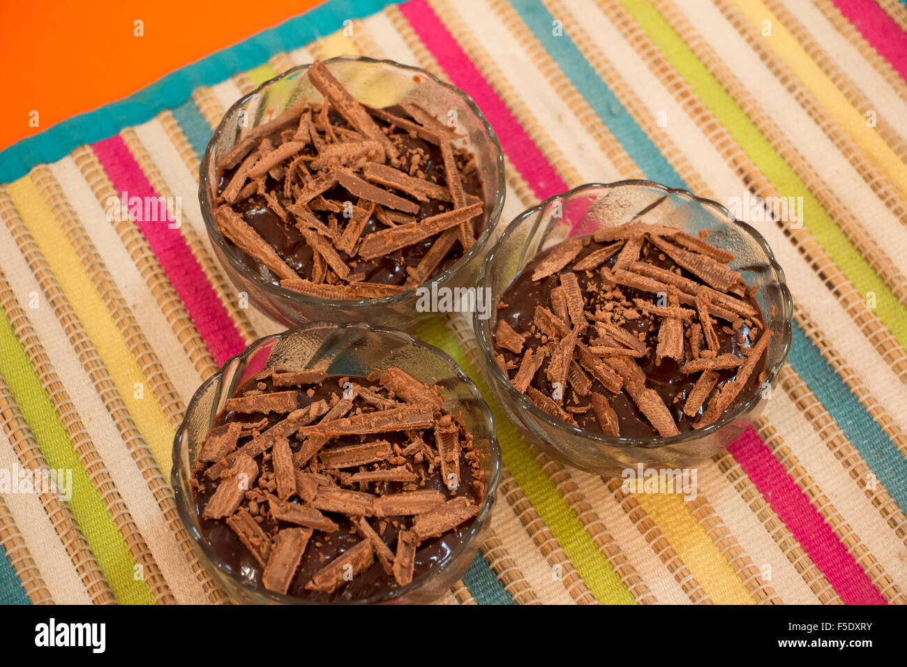 chocolate pudding in a glass bowl with a shredded chocolate on top ...