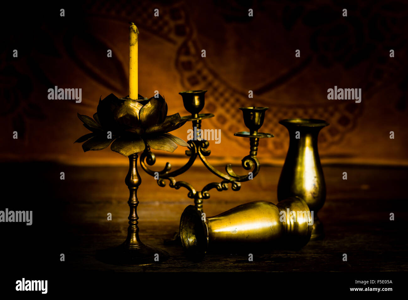 Still life with Candlesticks, vases and candle Stock Photo - Alamy